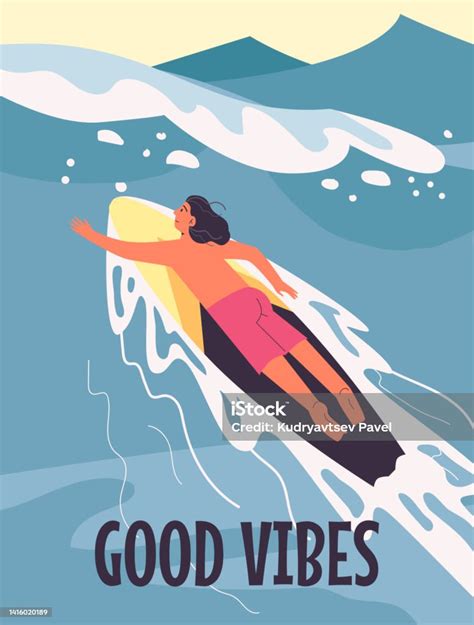 서핑 보드에서 수영하는 서퍼와 함께 여름 좋은 분위기 포스터 벡터 일러스트 레이 션 생활 방식에 대한 스톡 벡터 아트 및 기타 이미지 생활 방식 만화 서핑보드