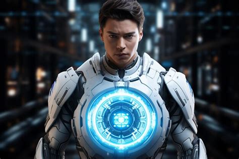 Premium Photo Symbiotic Male Human Robot Standing Futuristic Cyborg Illuminated