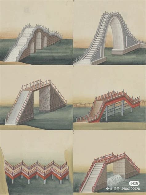 Four Different Views Of A Bridge With Steps And Railings On Each Side