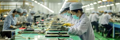 Premium Photo Mobile Phone Assembly Factory Assembly Lines With Workers Handling Components