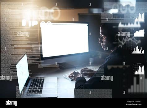 Black Man Overlay And Computer Screen With Cybersecurity On Fraud Or Cloning For Mockup