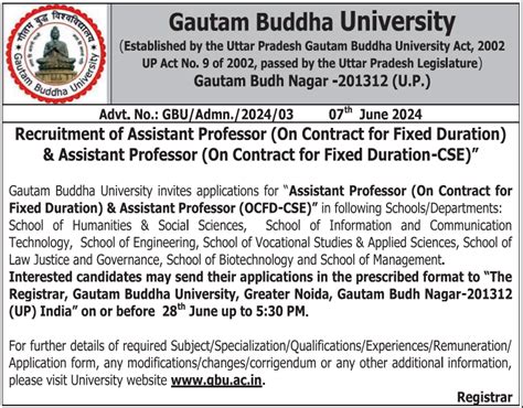 Gbu Assistant Professor Recruitment 2024 All Exam Review