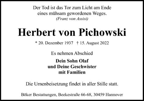 Traueranzeigen Von Herbert Von Pichowski Trauer Anzeigen De