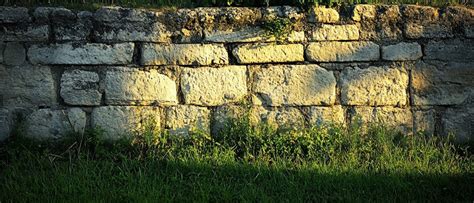 Stone Wall In Sunlight Grassy Base Outdoor Scene Stock Illustration