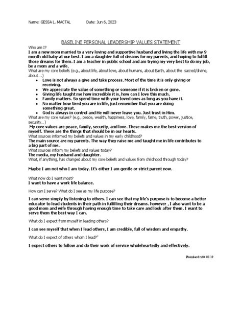Baseline Values Assignment Pdf Love