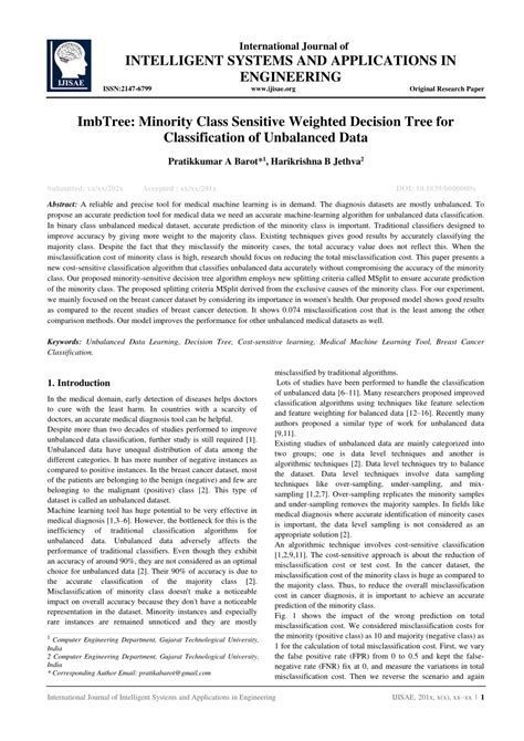 Pdf Imbtree Minority Class Sensitive Weighted Decision Tree For Classification Of Unbalanced Data