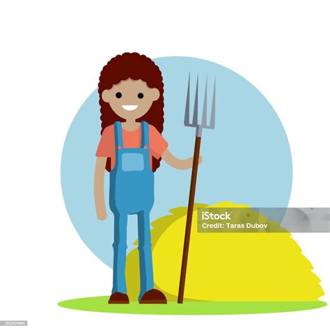 파란색 점프수트와 모자를 손에 포크를 입은 농부 노란색 건초 더미 직업의 종류 시골 여자 소박한 소녀 만화 평면 일러스트 천연 식품의 생산 마을 캐릭터 건초 식물에 대한