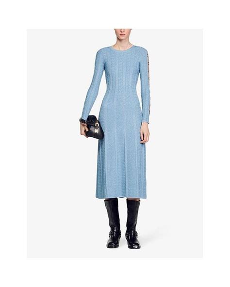 Sandro Eyelet Embellished Long Sleeve Stretch Knit Midi Dress In Blue