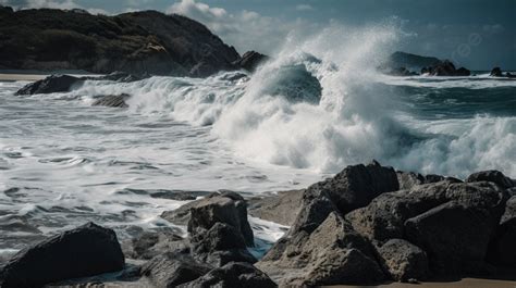 Surf Crashing Into Rocks At A Beach Background Waves Crashing On The Beach Hd Photography
