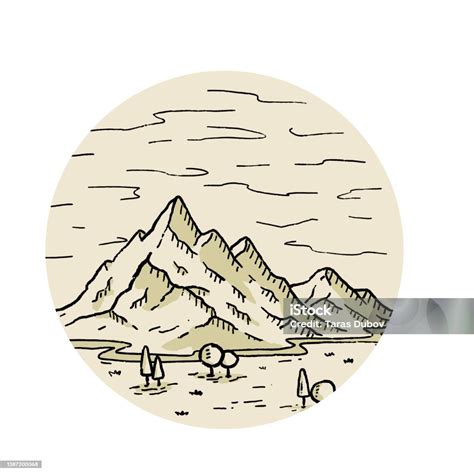 인그레이빙 스타일로 숲이 있는 산 고원 풍경과 원봉우리의 로고 손으로 그린 디자인 로키 능선 검은색에 대한 스톡 벡터 아트 및