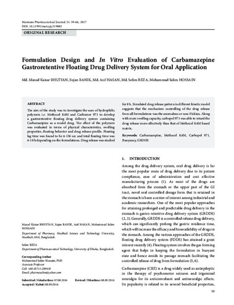 Pdf Formulation Design And In Vitro Evaluation Of Carbamazepine Gastroretentive Floating Drug