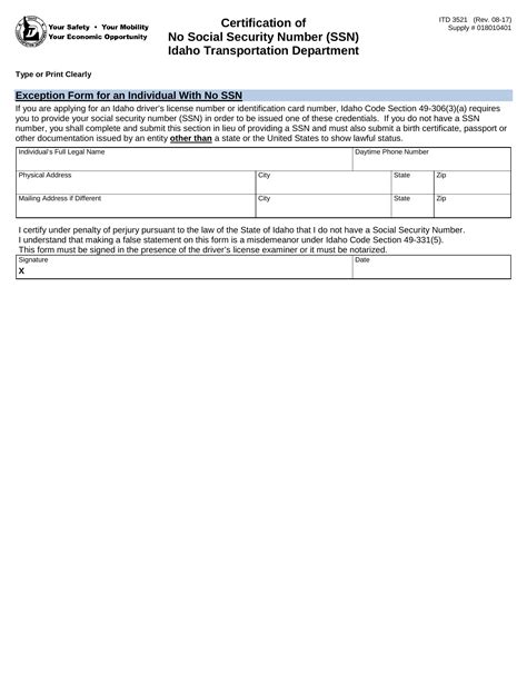 Form Itd 3521 Certification Of No Social Security Number Ssn