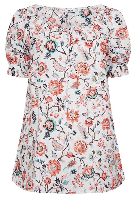 Yours Plus Size White Floral Tie Neck Top Yours Clothing
