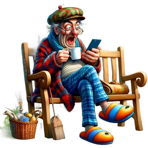 Humorous Cartoon Grandpa On Bench With Phone 10 Surprised Elderly Man