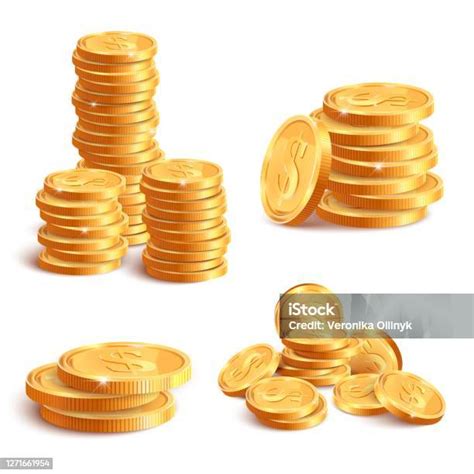 逼真的硬幣堆金幣美元堆疊 3d頭獎硬幣 金寶獎 現金硬幣堆隔離向量插圖圖標設置向量圖形及更多一組物體圖片 一組物體 中獎 儲蓄