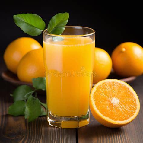 Glass Of Fresh Orange Juice With Fresh Fruits On Wooden Table Stock