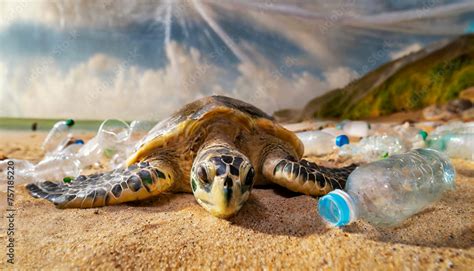 Dead Sea Turtle Surrounded By Many Plastic Bottles On The Shore Of A