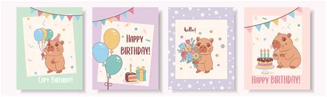 생일 카드 디자인 풍선 꽃 촛불이 달린 생일 케이크와 카피가 있는 귀여운 카피바라가 특징입니다 인사말 카드 생일 축하 및 파티 초대장에 적합합니다 공휴일에 대한 스톡 벡터