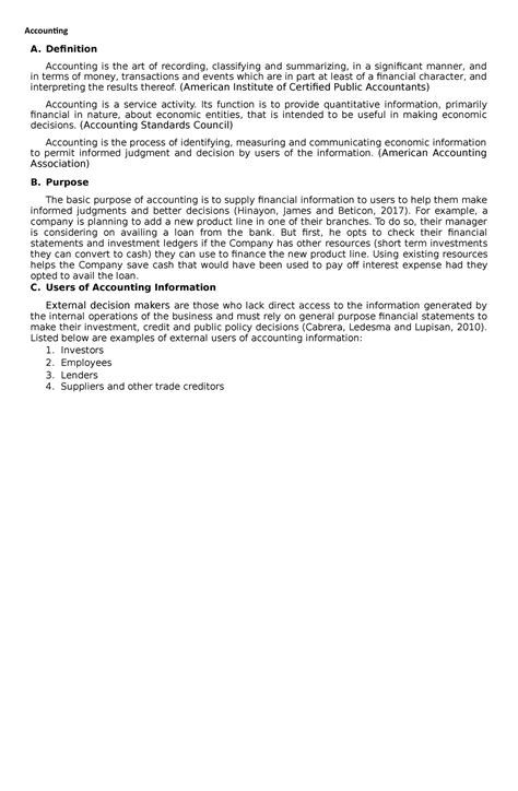 Accounting Definition Accounting Is The Art Of Recording Classifying