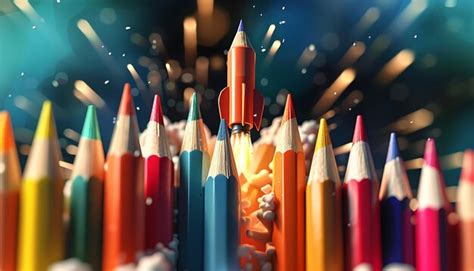Brightly Colored Pencils Launching As A Rocket Skyward Ascent Premium Ai Generated Image