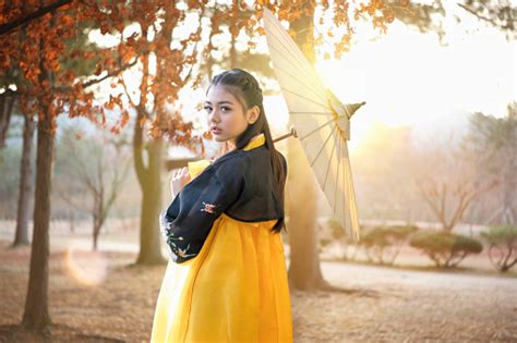 우산을 들고 있는 한복을 입은 한국 소녀 한국 단풍잎과 함께 전통 한복을 입은 아름다운 여성 아시아 여성 관광객 가을에 대한