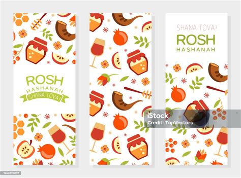 샤나 토바 수직 배너 템플릿 세트 로쉬 하샤나 전통 유대인 설 연휴 포스터 엽서 또는 휴일 원활한 패턴 벡터 일러스트레이션의 기호가 있는 초대장 0명에 대한 스톡 벡터 아트