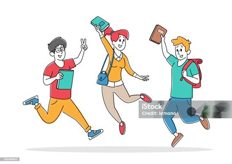 배낭을 가진 동공 캐릭터는 행에 손을 위로 점프와 기뻐 교육을 받기 위해 학교에 오는 학생 그룹 교육에 대한 스톡 벡터 아트 및