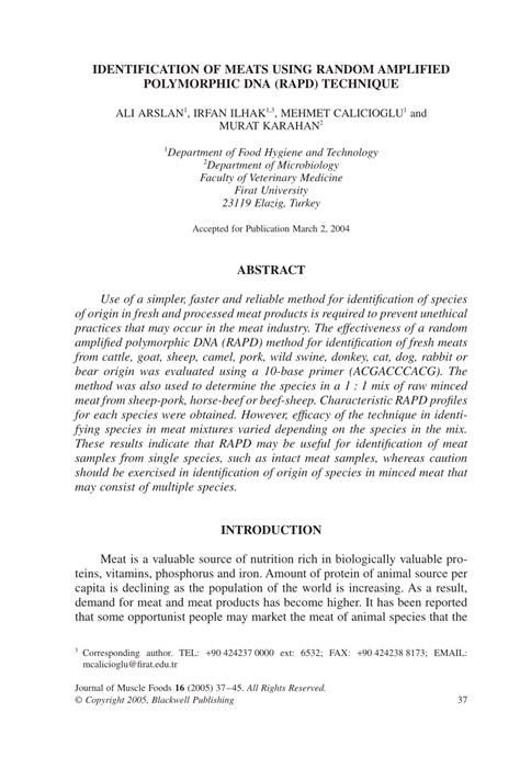 Pdf Identification Of Meats Using Random Amplified Polymorphic Dna Rapd Technique