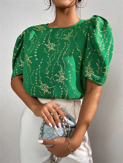 SHEIN LUNE Blouse doré à imprimé végétale manches bouffantes Mode en ligne SHEIN FRANCE