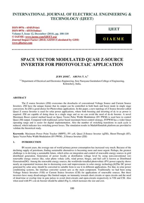 Space Vector Modulated Quasi Z Source Inverter For Photovoltaic Application Pdf