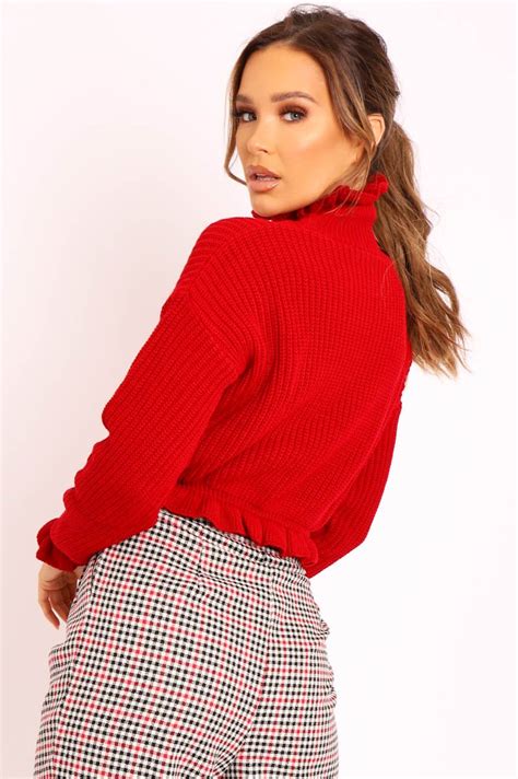 Red Ruffle Hem Chunky Knit Crop Jumper Alannah Rebellious Fashion