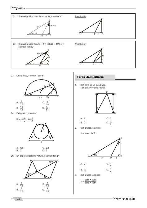 TEMA Tarea Razones Trigonométricas DE Ángulos Agudos II Ciclo Católica Colegios TRILCE