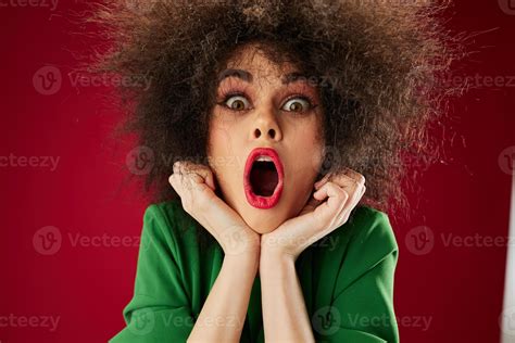 Beautiful Fashionable Girl With Curly Hair Grimace Posing Emotion