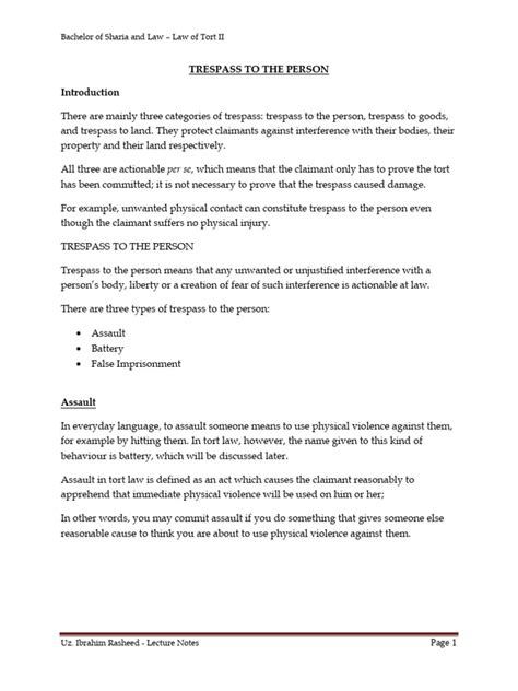 Trespass To Person Pdf Trespass Assault