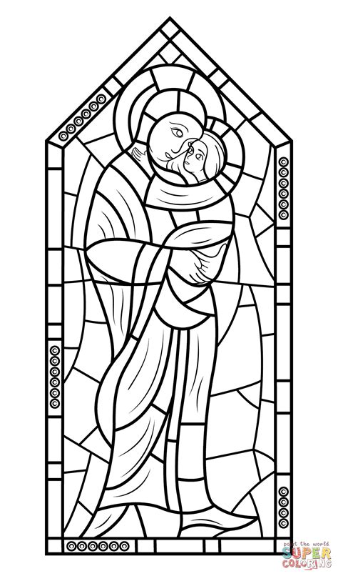 Mother Mary With Jesus Stained Glass Coloring Page Free Printable