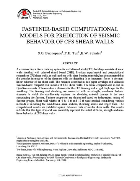 Pdf Fastener Based Computational Models For Prediction Of Seismic Behavior Of Cfs Shear Walls