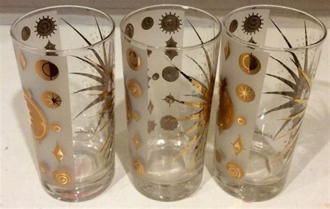 Stunning Mid Century Gold Sunburst Atomic Drinking Glasses