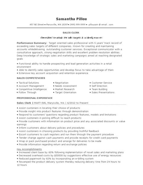 Sales Clerk Job Resume Templates At
