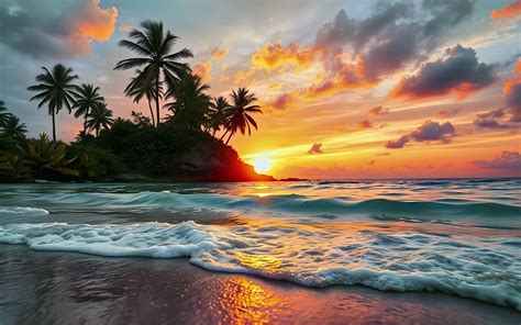 Download Wallpaper 2560x1600 Sea Waves Palm Trees Tropics Sun