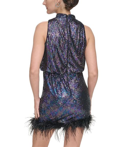 Eliza J Womens Feather Trim Sequin Mock Neck Dress Macys