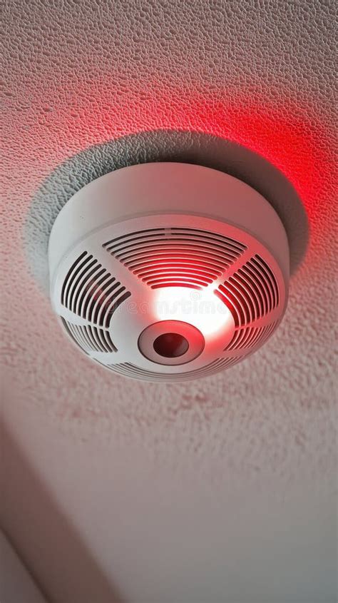 Smoke Detector On Ceiling With Red Indicator Light Signaling Safety