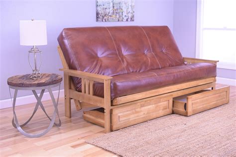 Andover Full Size Futon Sofa Bed And Drawer Set Honey Oak Wood Frame Bonded Leather