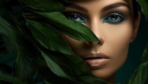 Premium Ai Image Beautiful Woman With A Green Leaf Over Her Face