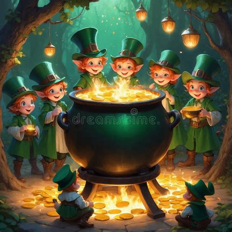 A Group Of Irish Leprechauns Huddled Around Their Gleaming Cauldron