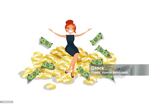 성공적인 비즈니스를 아름 다운 여자 동전 그리고 달러입니다 성공의 개념입니다 평면 디자인입니다 벡터 일러스트입니다 경영자에 대한