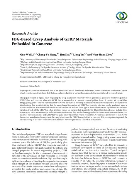 Pdf Fbg Based Creep Analysis Of Gfrp Materials Embedded In Concrete