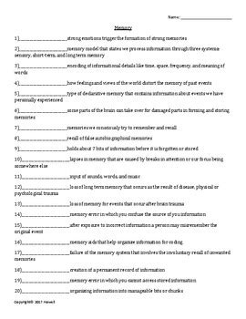 Memory Quiz Or Worksheet For Psychology By Everything Science And Beyond