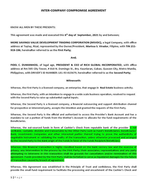 Draft Inter Company Side Agreement Rich Global Marissa Pdf Non