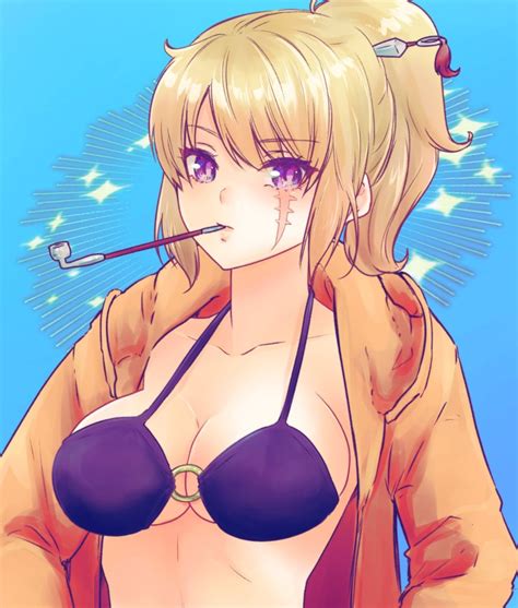Rule 34 Big Breasts Bikini Black Bikini Blonde Hair Blue Background Cleavage Facial Scar