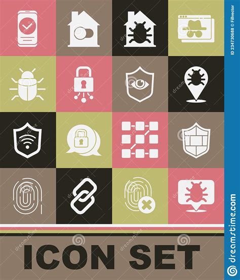 Set System Bug Shield With Brick Wall House System Cyber Security Smartphone And And Eye